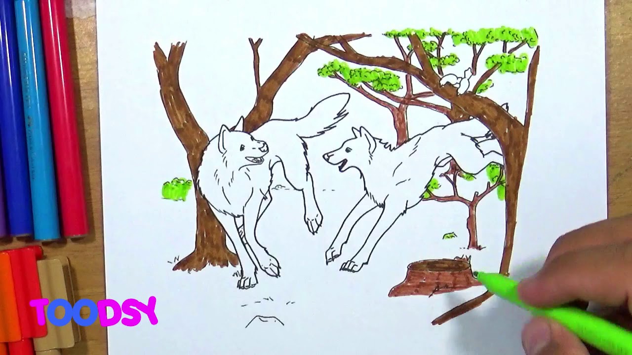 How to Color Wolves Playing In The Forest Coloring Page