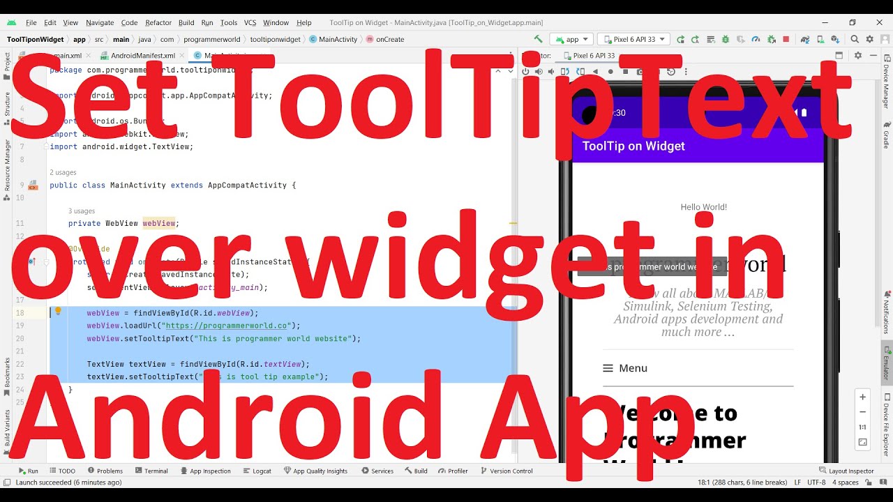 How to set ToolTipText over any widget's view (example WebView, TextView) of your Android app?