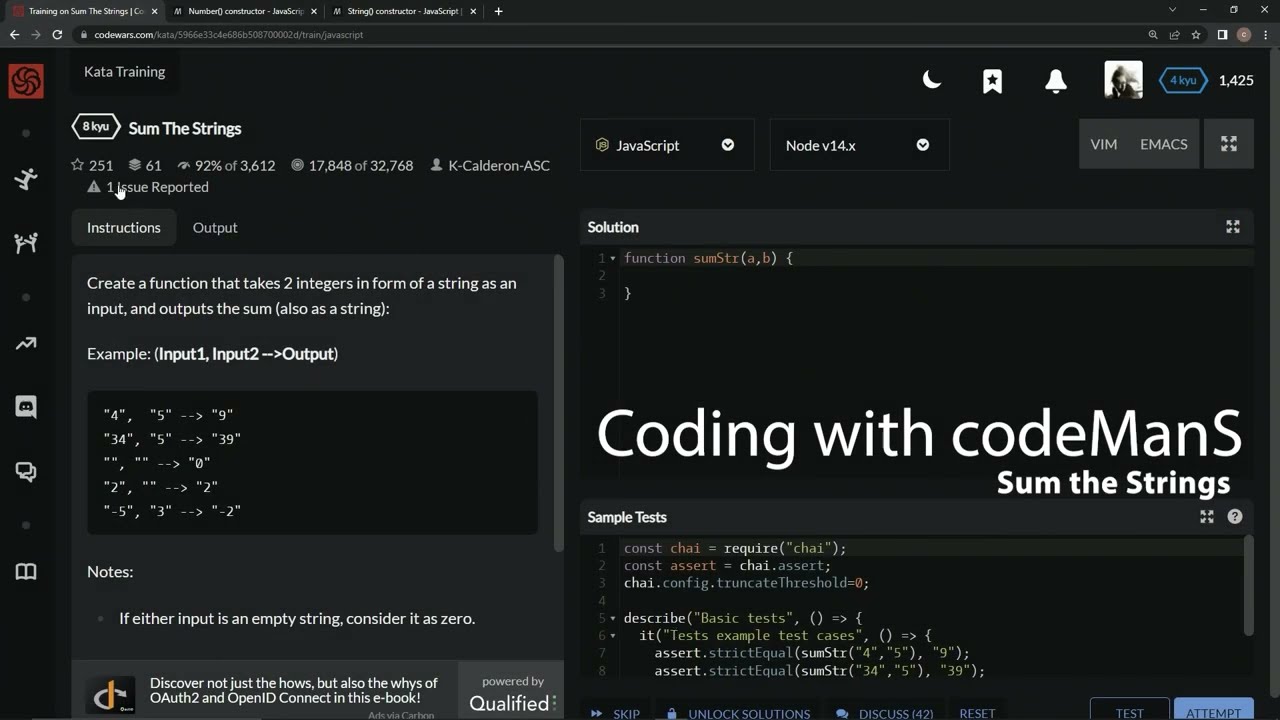 Codewars 8 kyu Sum the Strings Javascript