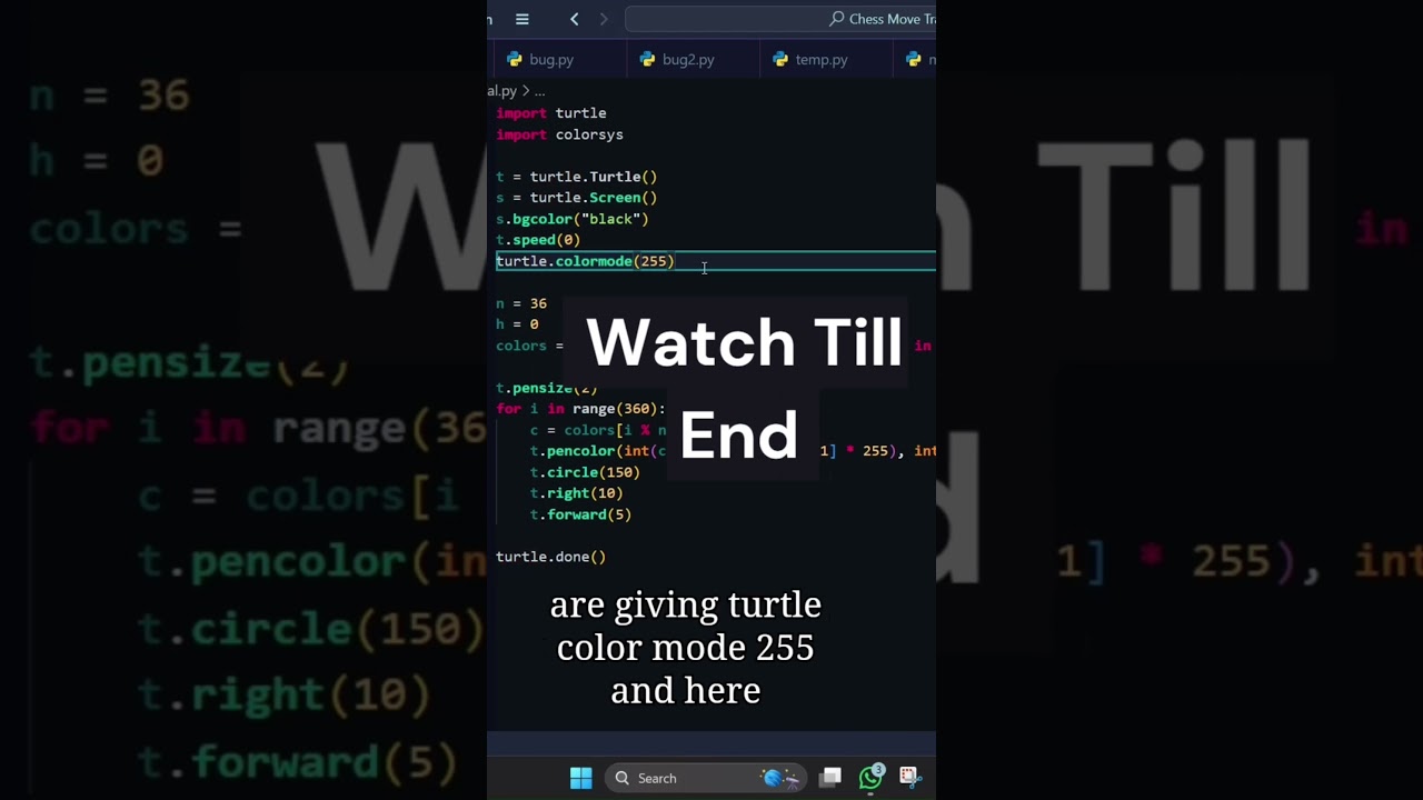 Day14/Day100Python visual art using turtle module.#coding#100daysofcode#python#bugs#codeblocks