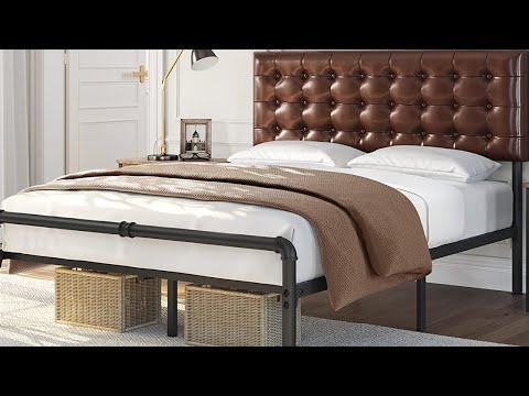 YAHEETECH QUEEN SIZED METAL PLATFORM BED FRAME WITH UPHOLSTERED HEADBOARD UNBOXING AND ASSEMBLY