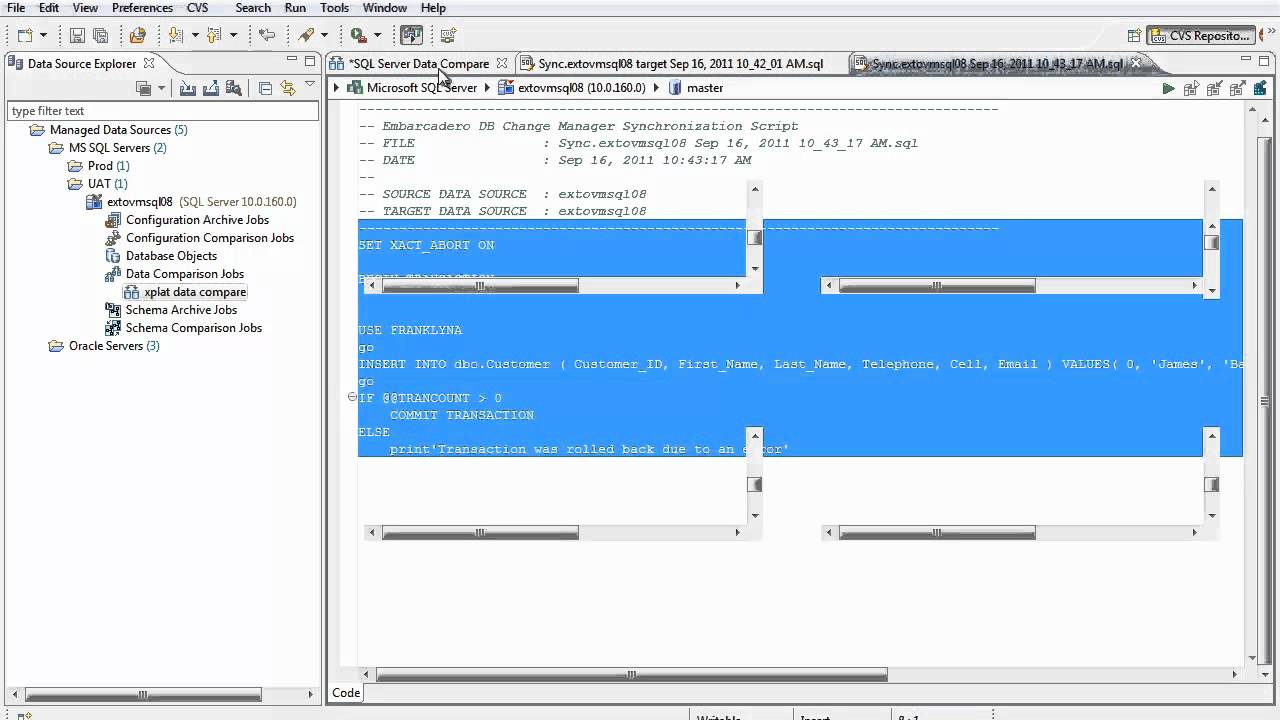 Performing Data Comparisons on the SQL Server database