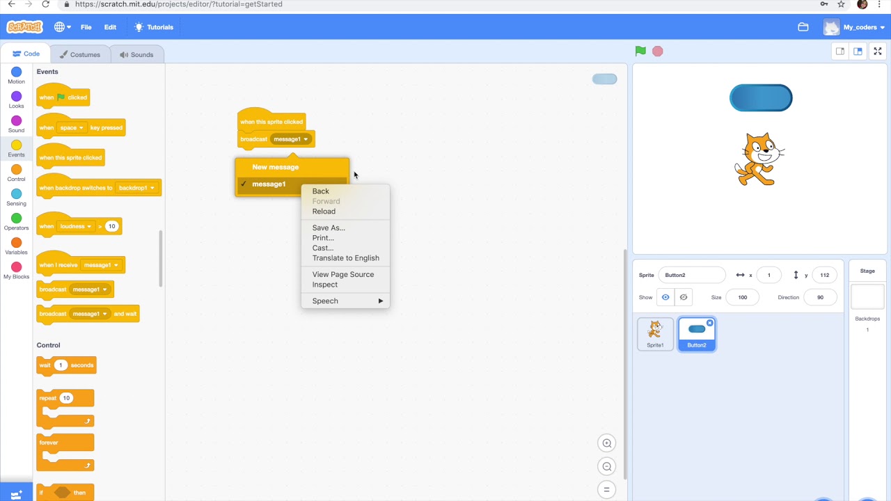 7. Passing MESSAGES between Sprites in Scratch