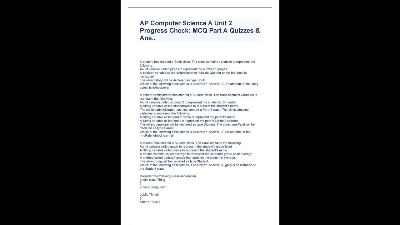 AP Computer Science A Unit 2 Progress Check; MCQ Part A Quizzes & Ans