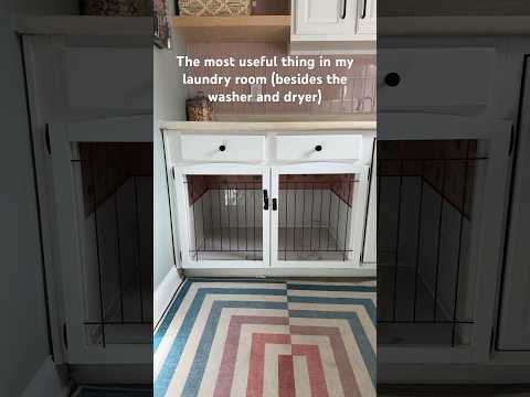 Cabinet turned dog kennel DIY. I used panels from a HomeGoods gate for doors #diy #dogkennel