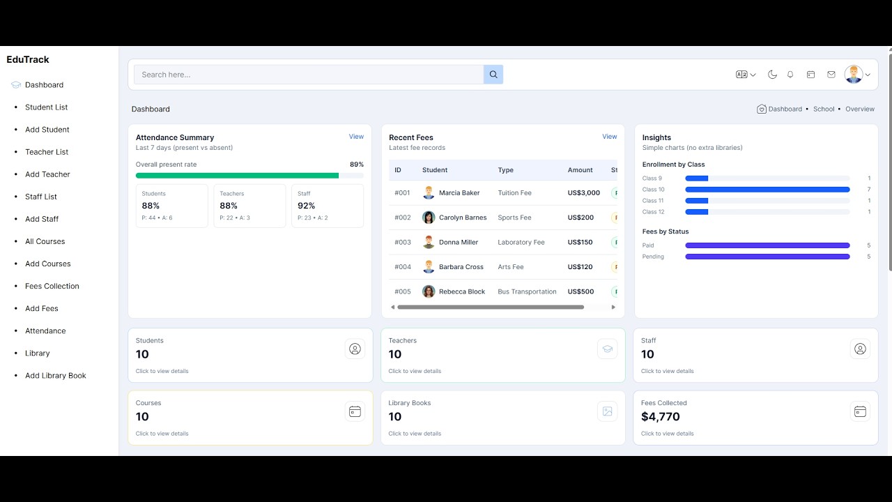 Modern School Management Dashboard Template | React + Tailwind Admin Panel (Free Download)