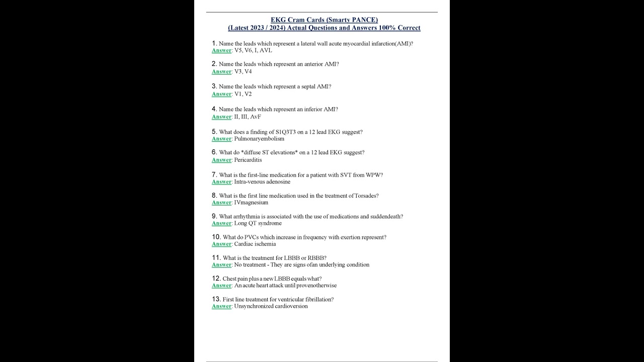 EKG Cram Cards Smarty PANCE Latest 2023   2024 Actual Questions and Answers 100% Correct