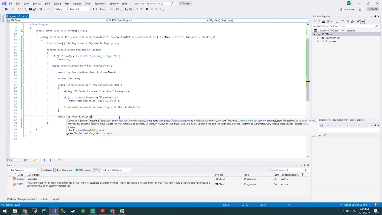 How to enumerate, download and move files on an FTP server with .Net Core, C# and Visual Studio 2019
