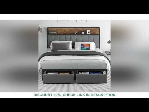 Queen Size Bed Frame with Headboard and Storage, Drawers Platform Bed Frame with Storage Chargin Sta