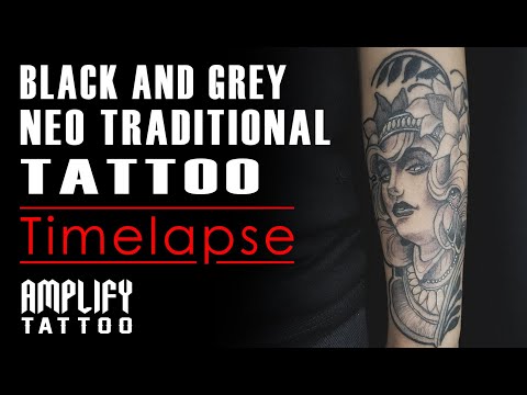 How to tattoo - Black And Grey Neo Traditional Tattoo Time lapse