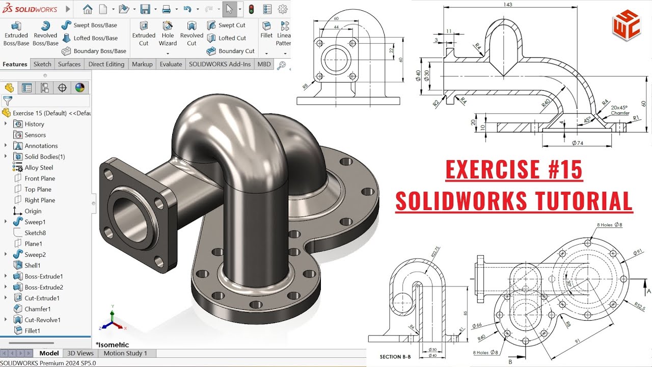SolidWorks 3D Modeling Tutorial – Exercise 15 | Step-by-Step Guide