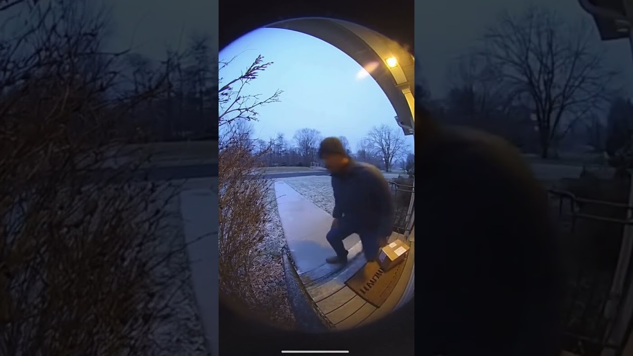 Delivery driver saves the package on icy porch steps