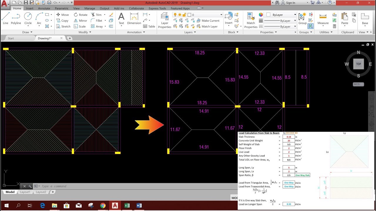 CALCULATION OF LOAD DISTRIBUTED FROM SLAB TO BEAMS-FULL EXPLANATION.