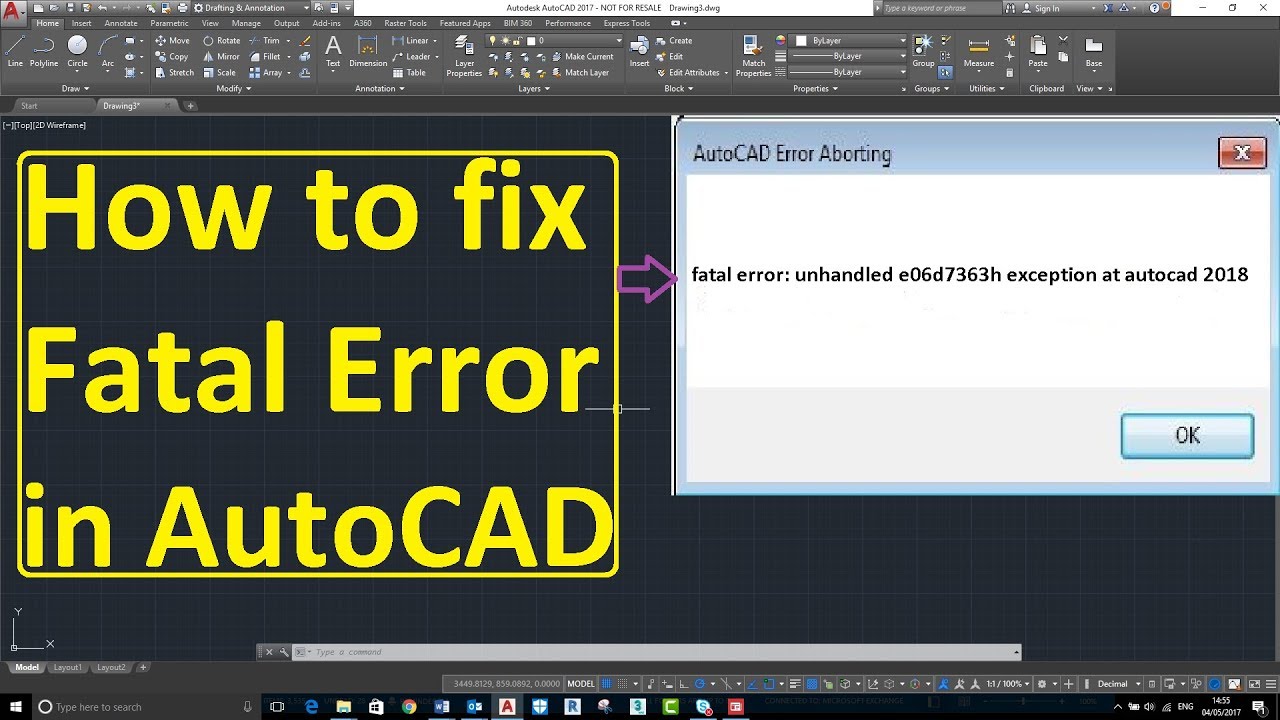 fatal error unhandled e06d7363h exception at autocad 2018