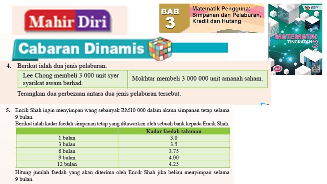 KSSM Matematik Tingkatan 3 Bab 3 Simpanan dan pelaburan, kredit mahir diri no4-no5 buku teks form 3