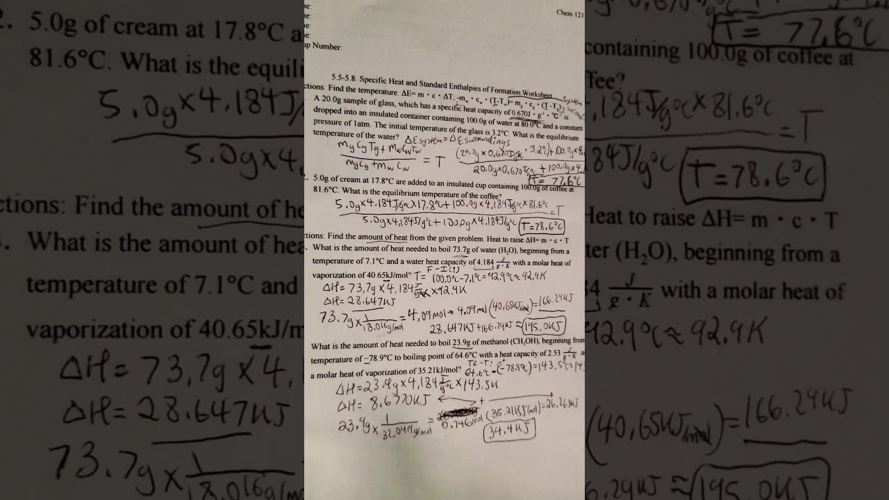 Specific Heat Worksheet walk through