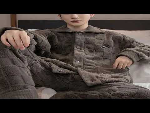 2Pcs/set men's pajamas autumn and winter padded and thickened warm long-sleeved trousers coral fleec