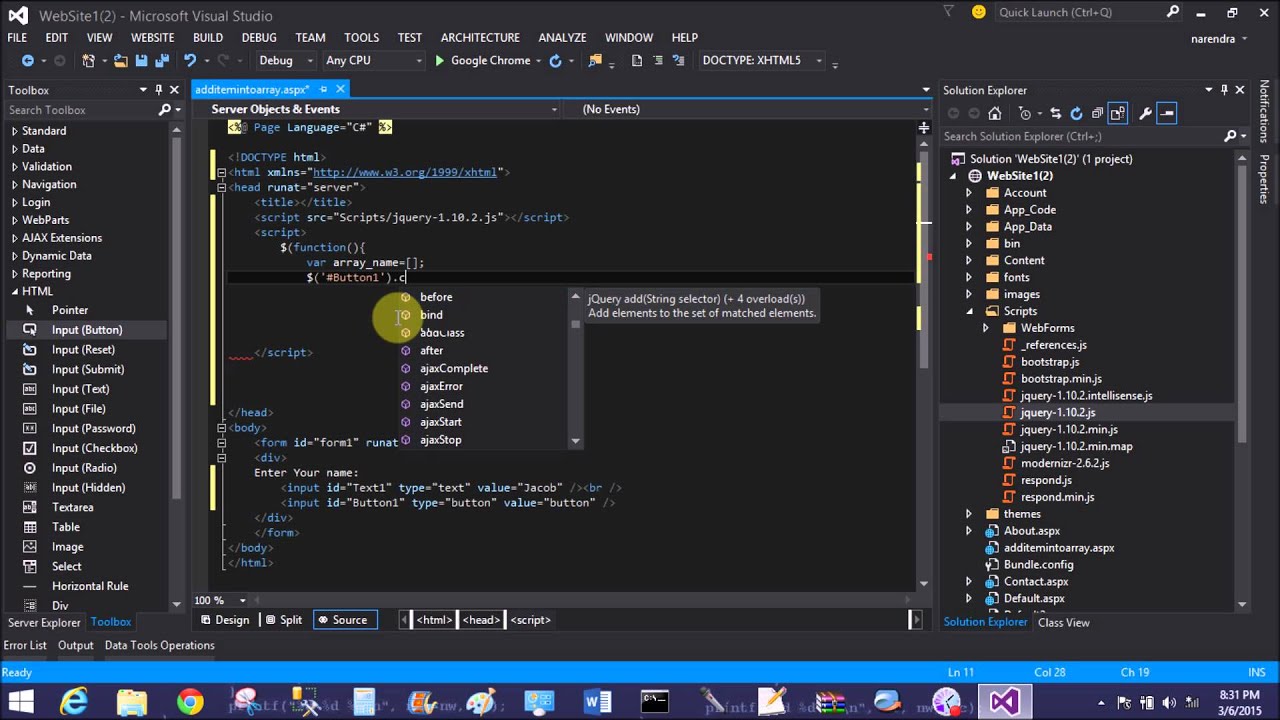 Jquery create array also insert item at run time