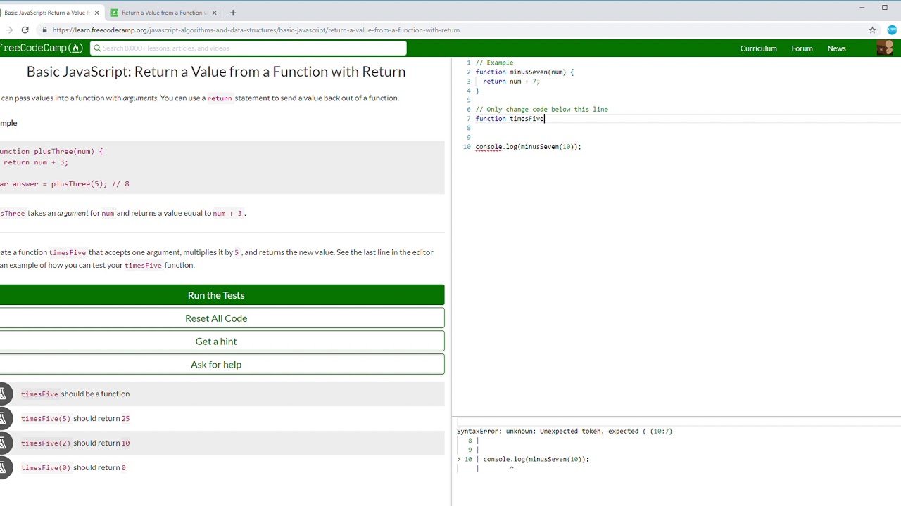 Basic JavaScript  Return a Value from a Function with Return52/111FreeCodeCamp