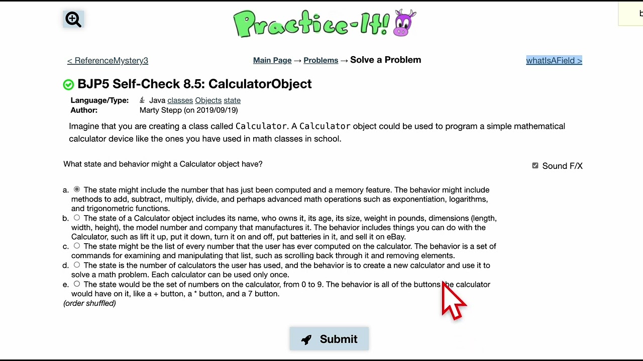 Java Practice It   |   Self-Check 8.5: CalculatorObject |   objects, classes, state