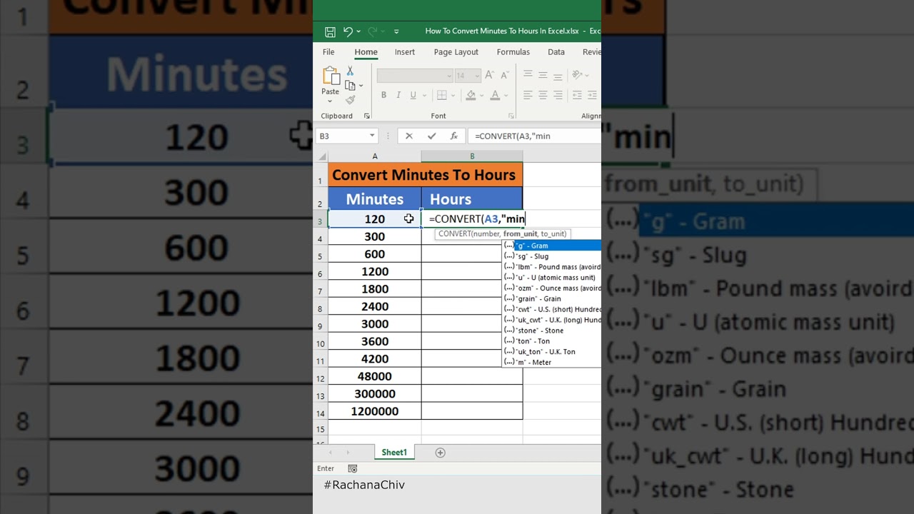 How To Convert Minutes To Hours In Excel #excel #short