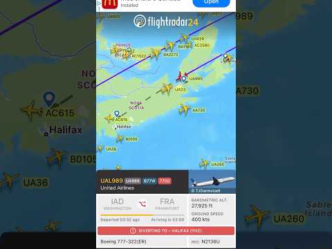 UA989 Squawking Code 7700 Emergency Divert to Halifax