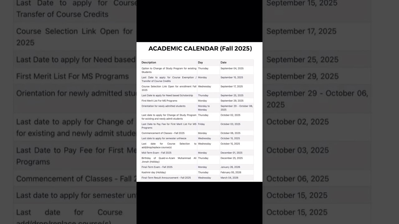 VU Academic Calendar 📅 Fall 2025 |course selection| mid final term dates 👈
