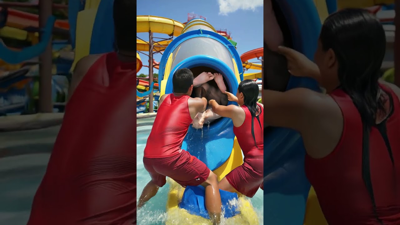 A man climbed into a children’s water slide at the waterpark and got completely stuck!