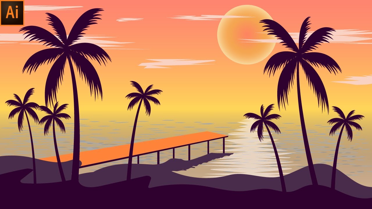 Beautiful Sea Island Vector Sunset landscape Drawing In Illustrator. Sea Beach Drawing Tutorial.