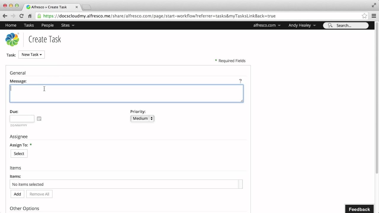 Alfresco in the cloud:  Creating Tasks in Alfresco