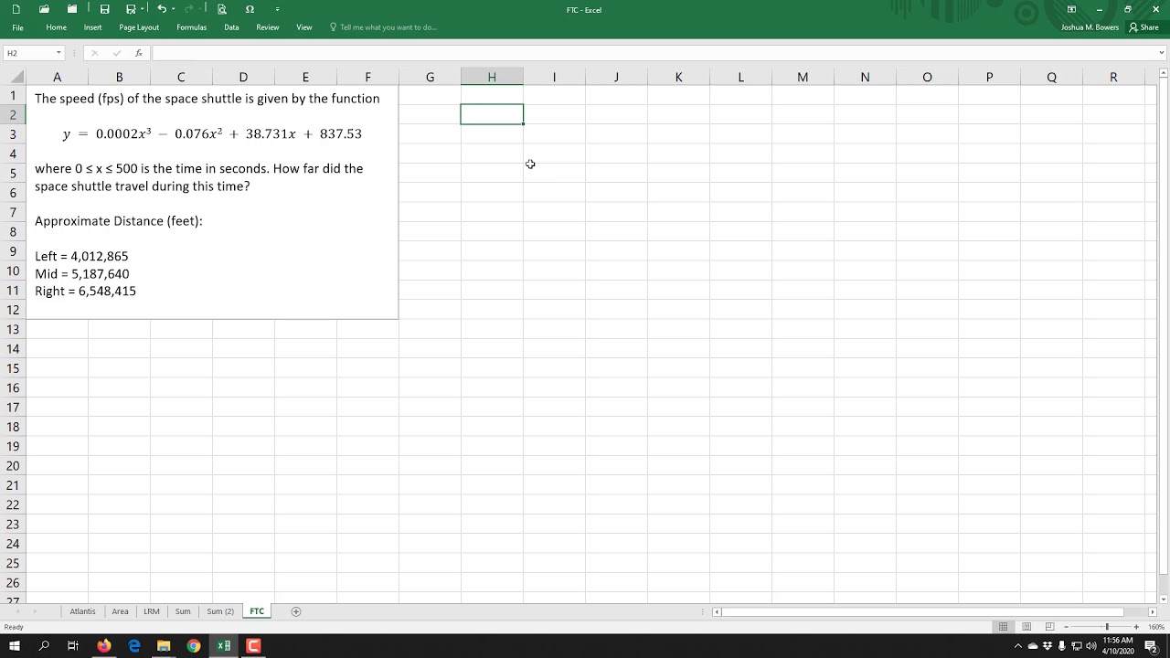 Fundamental Theorem of Calculus Using Excel