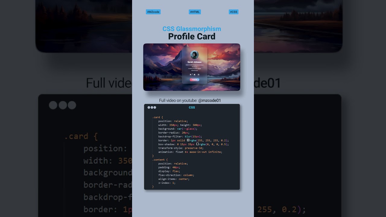 Glassmorphism Profile Card with CSS ❄️ | mzcode01 #profilecard #cssprojects #css #shorts #hindi