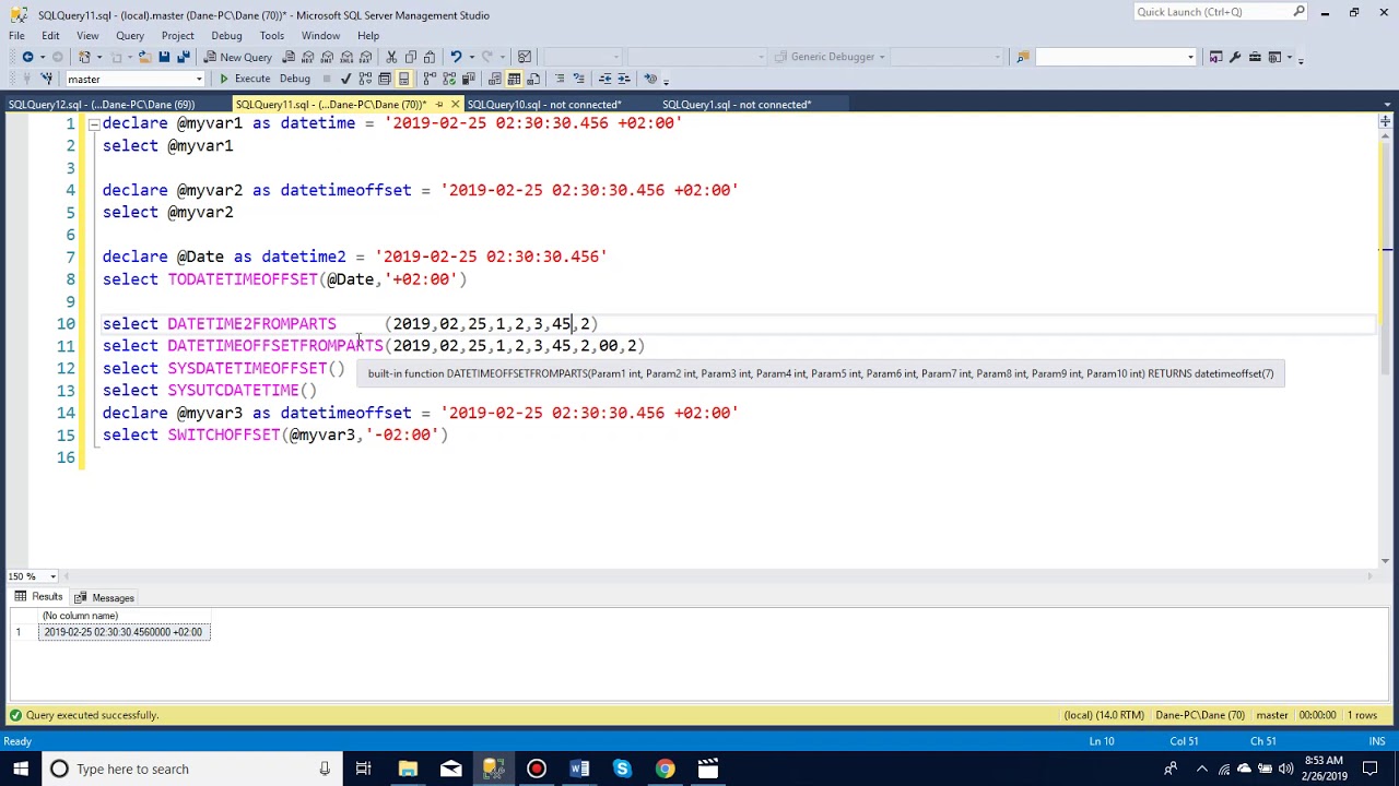 How to add time zones using datetimeoffset in SQL server manager
