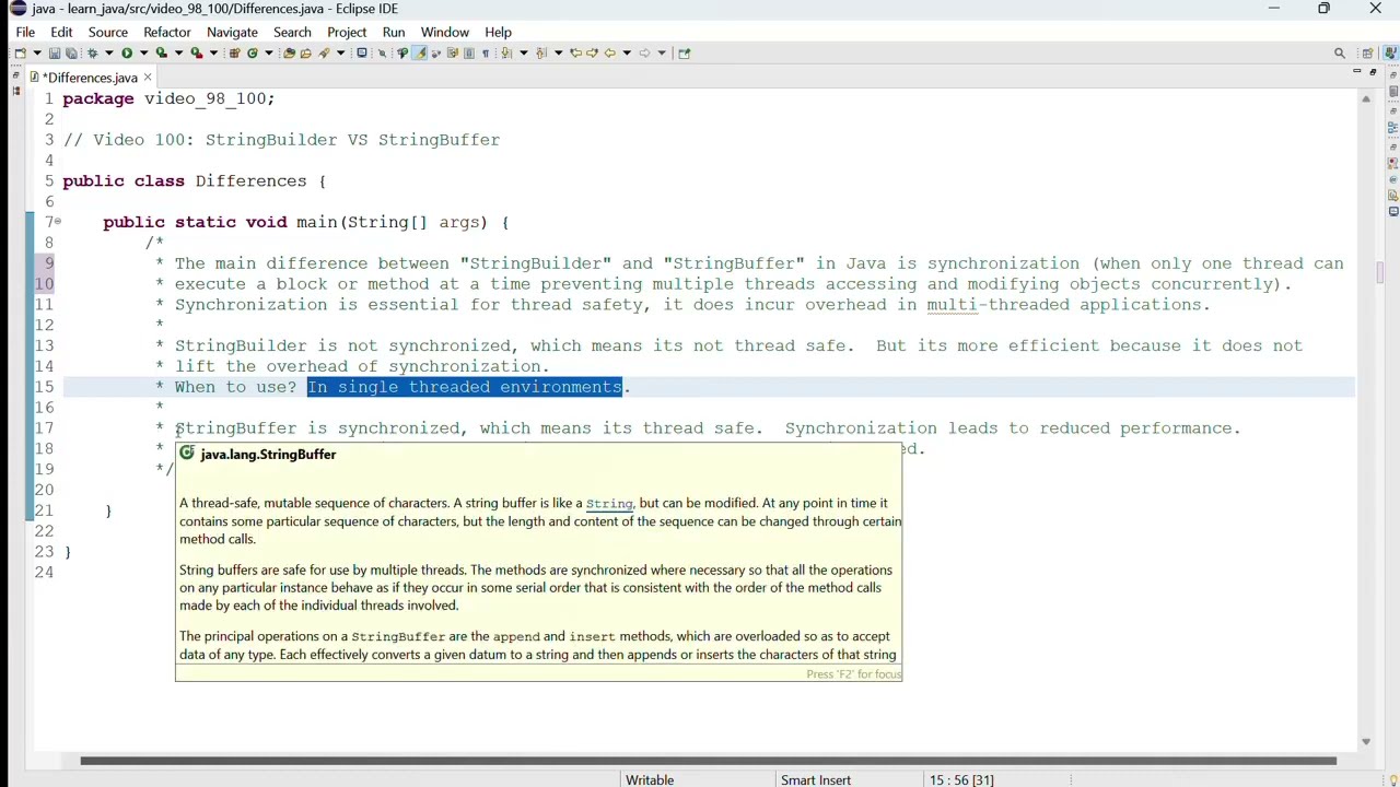 Java 101: StringBuilder VS StringBuffer (videos 98-100 combined)