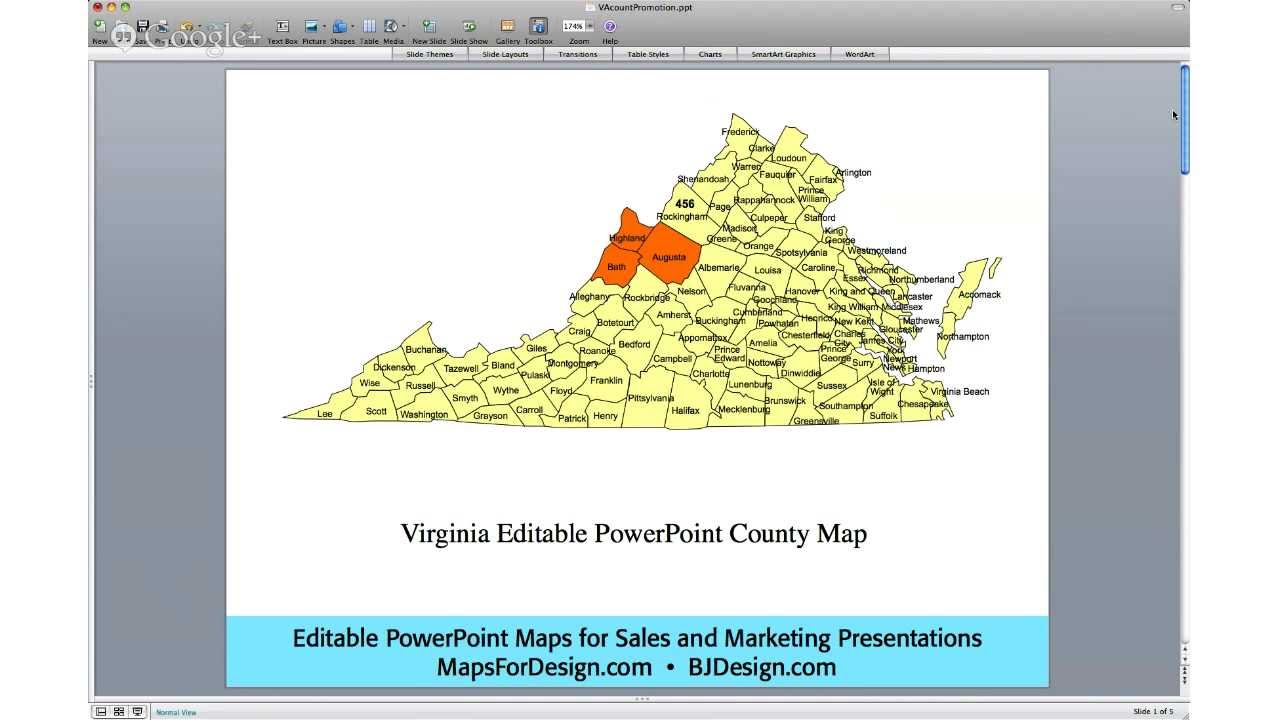 Editable Virginia County PowerPoint Map for building a Sales or Marketing Territories