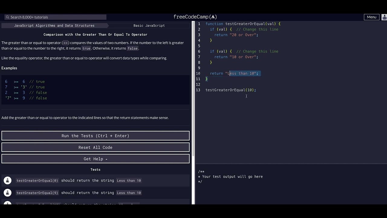 Comparison with the Greater Than Or Equal To Operator - Free Code Camp - Basic Javascript Algorithms