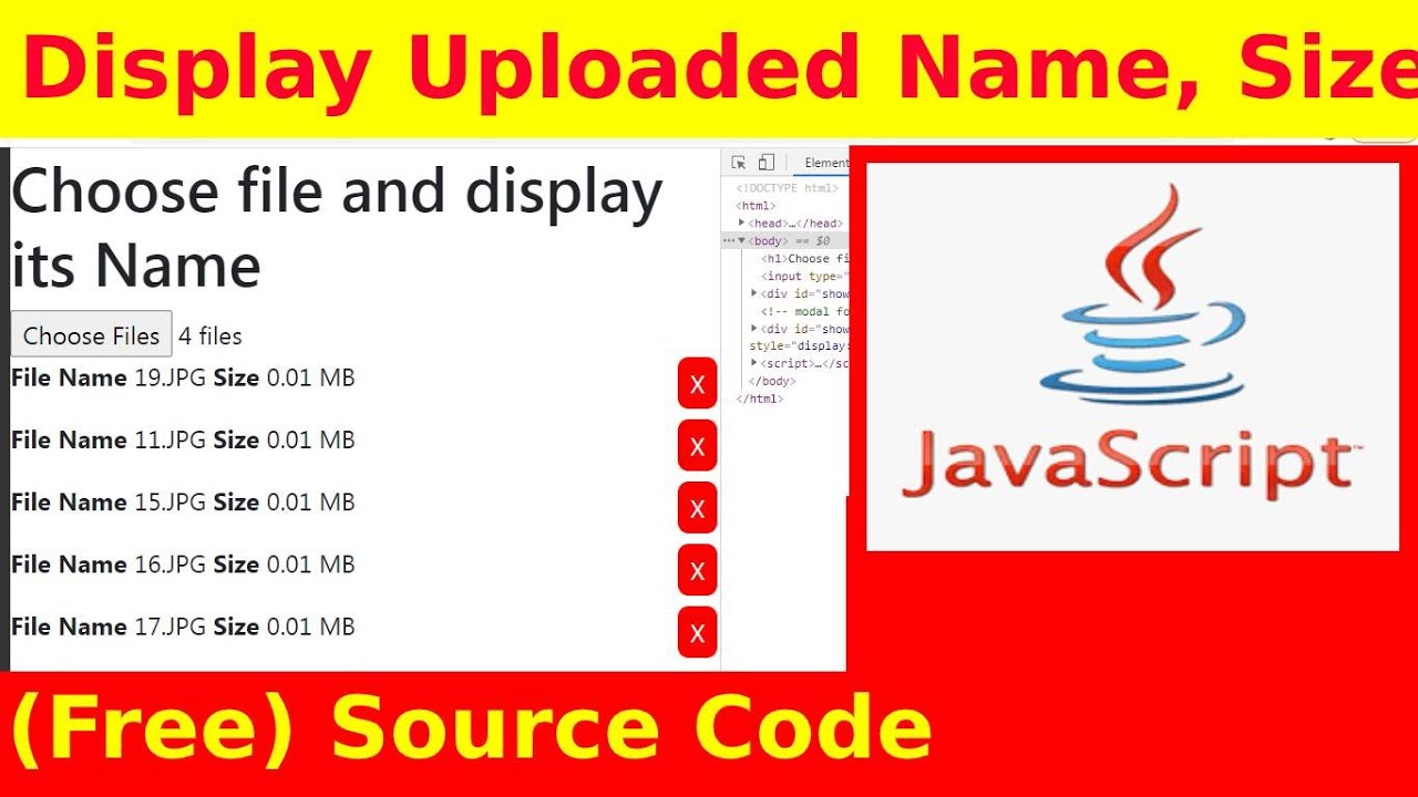 Ep85 - Upload Multiple File and Display Name, Size with removable Button- JavaScript Source Code