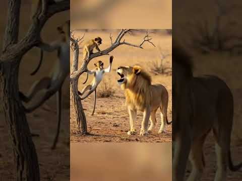 The monkeys are afraid that the lion will hurt them #animals #lion #monkey #wildlife #shorts