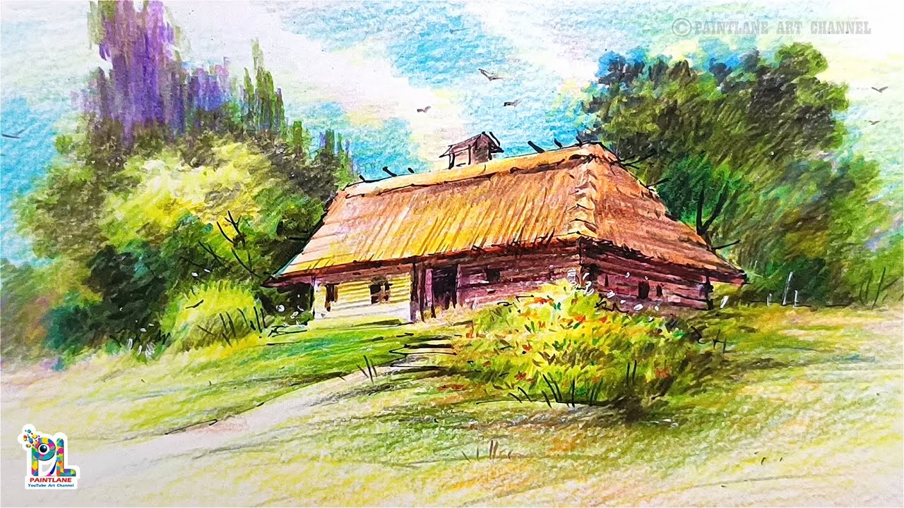 How to draw Countryside Cottage Drawing | House with Color Pencils | Landscape Art Step by Step