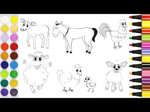 Farm animal coloring pages - How to color Cow, Horse, Goat , Sheep, Hen & Chicken