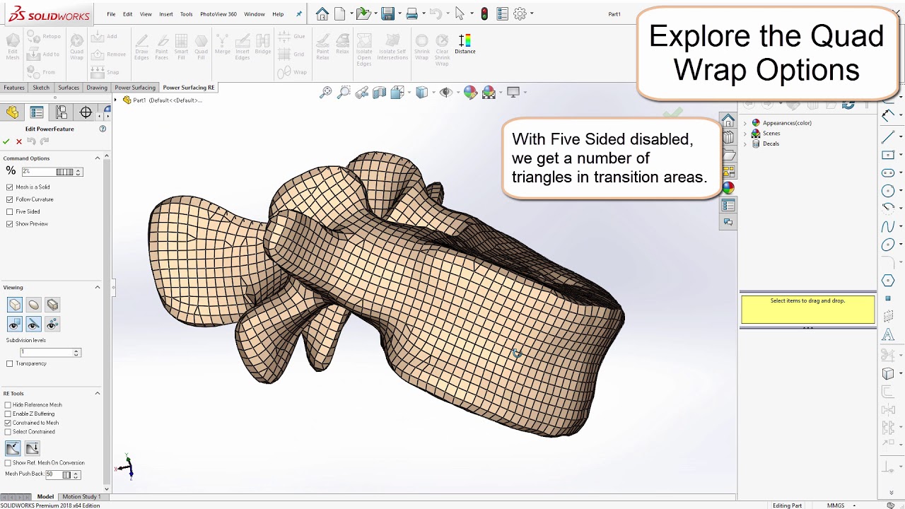 Explore the Quad Wrap command options used to reverse engineer scan meshes in SOLIDWORKS®
