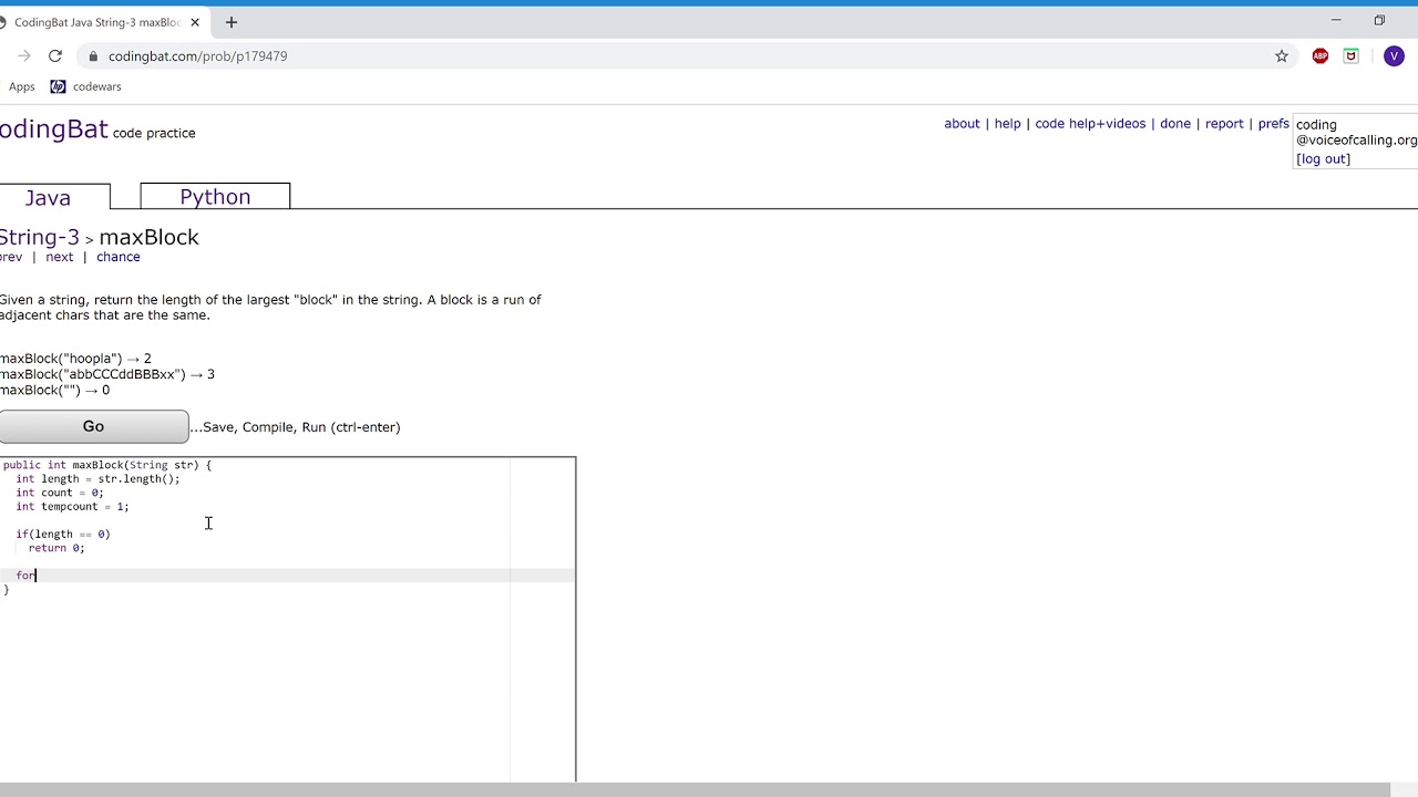 String 3 (maxBlock) Java Tutorial || codingbat.com