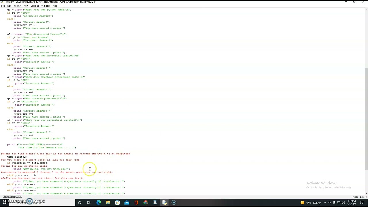 Trivia Quiz using While Loop