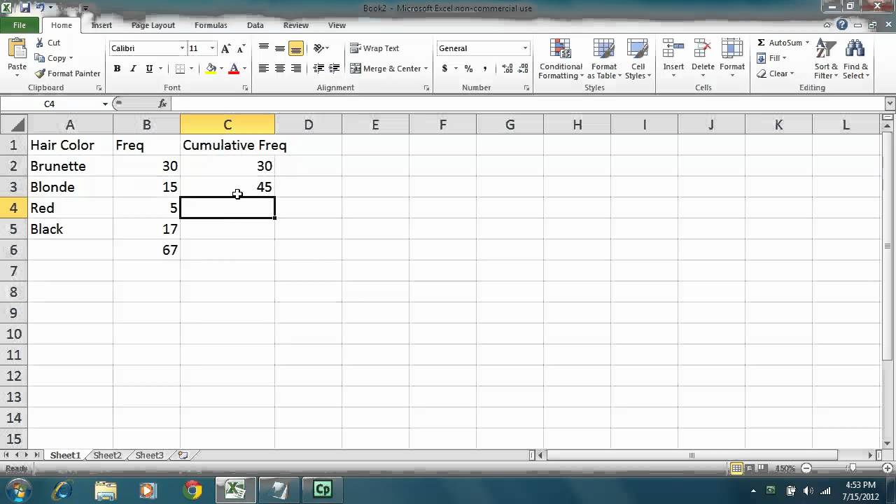 Statistics - Excel 2010 - Qualitative Data - Calculating Cumulative Frequency