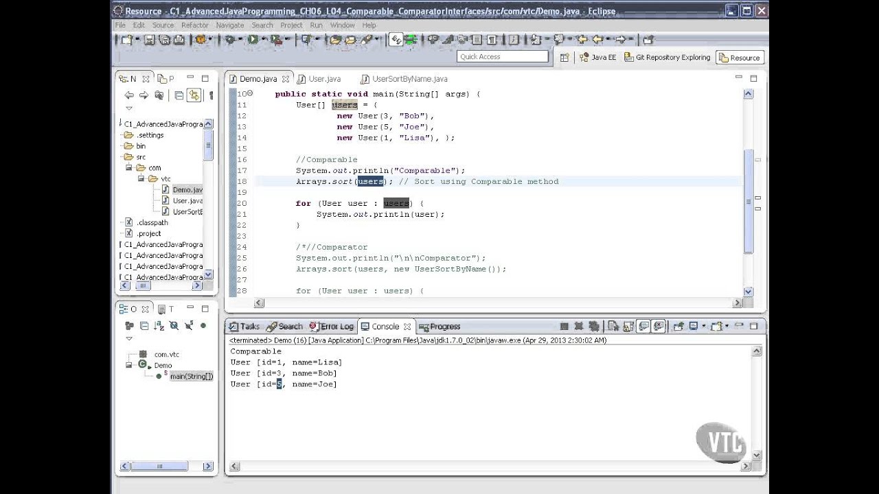 VTC Player   Advanced Java Programming Java SE 7, The Comparable   Comparator Interfaces