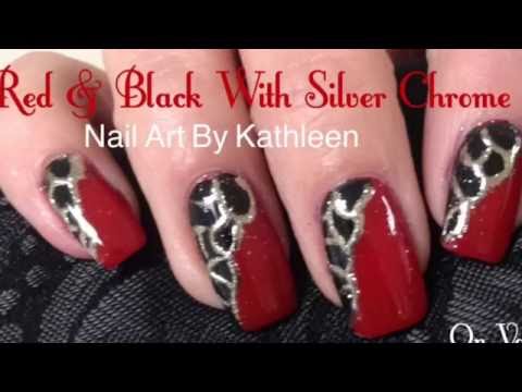Red & Black Nails With Silver Chrome Design, DIY Nail Art Tutorial