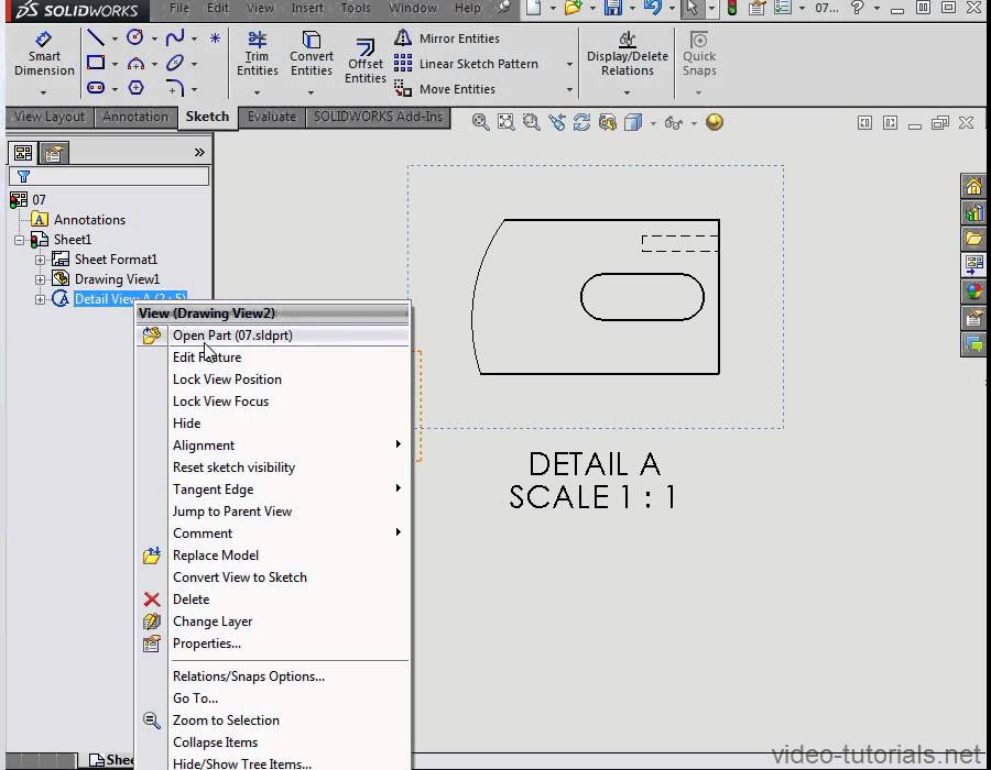 How to create an excerpted detail view in your drawing - SOLIDWORKS Tutorials