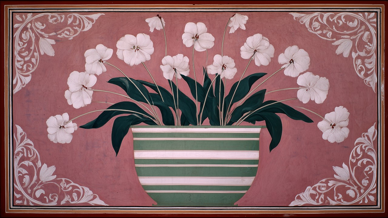 Frame TV Art 4K | Mughal Miniature Striped Pot Flower Painting | Ambient Loop Screensaver Samsung LG