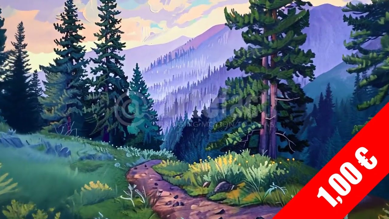 Stylized Pine Trail & Mountains – HD Artistic Nature Stock Footage