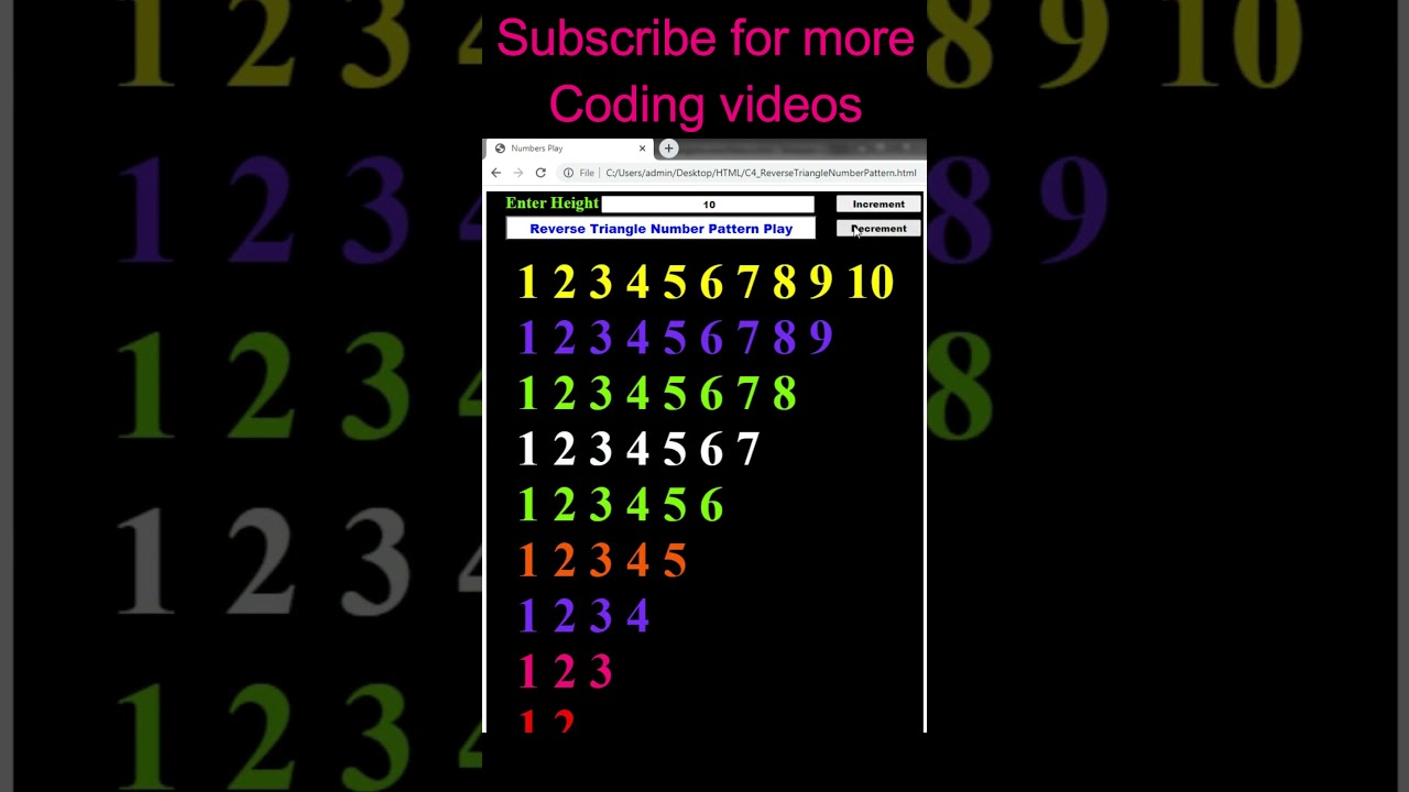 HTML, CSS and JavaScript Code to Print Reverse Triangle Number Pattern |Subscribe for Videos #shorts